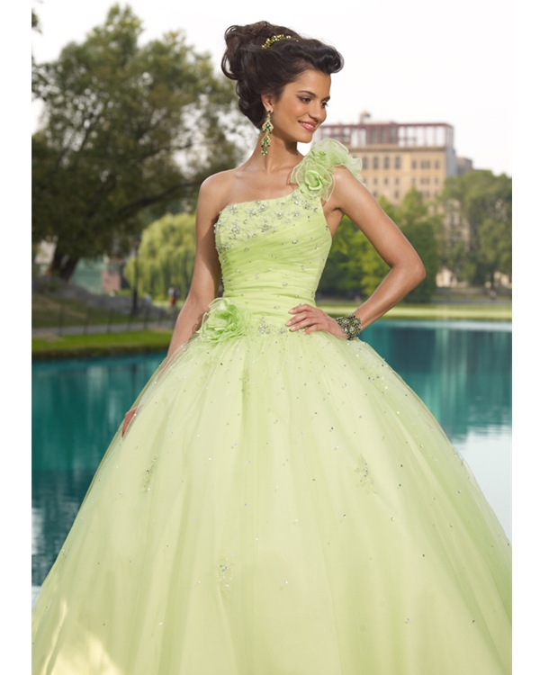Sage Ball Gown One Shoulder Lace Up Full Length Quinceanera Dresses
