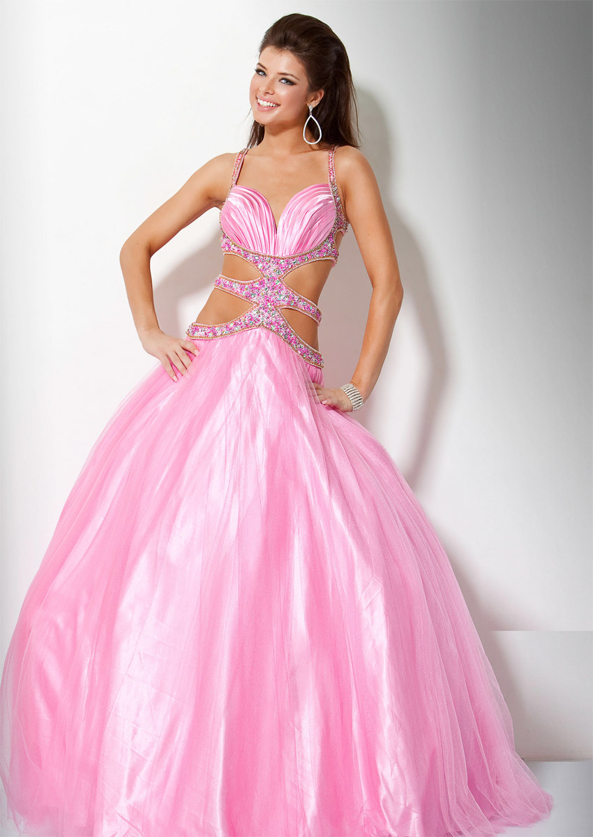 Sexy Pink Ball Gown Spaghetti Straps Cross Back Full Length Zipper